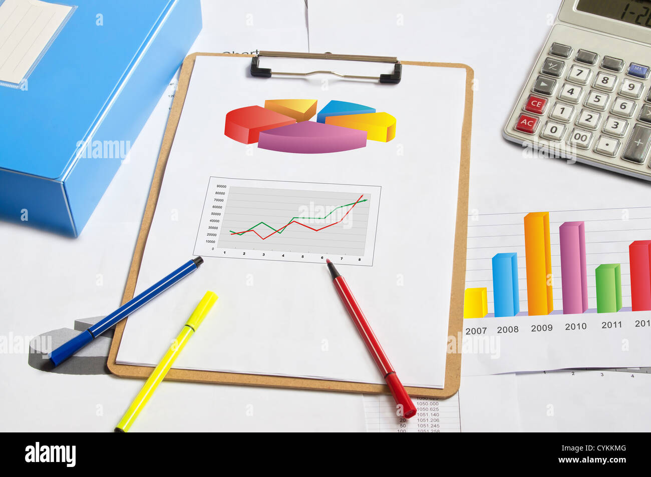 Financial. Clipboard with Papers and Pen. Graphs and Pie charts. Blue ...