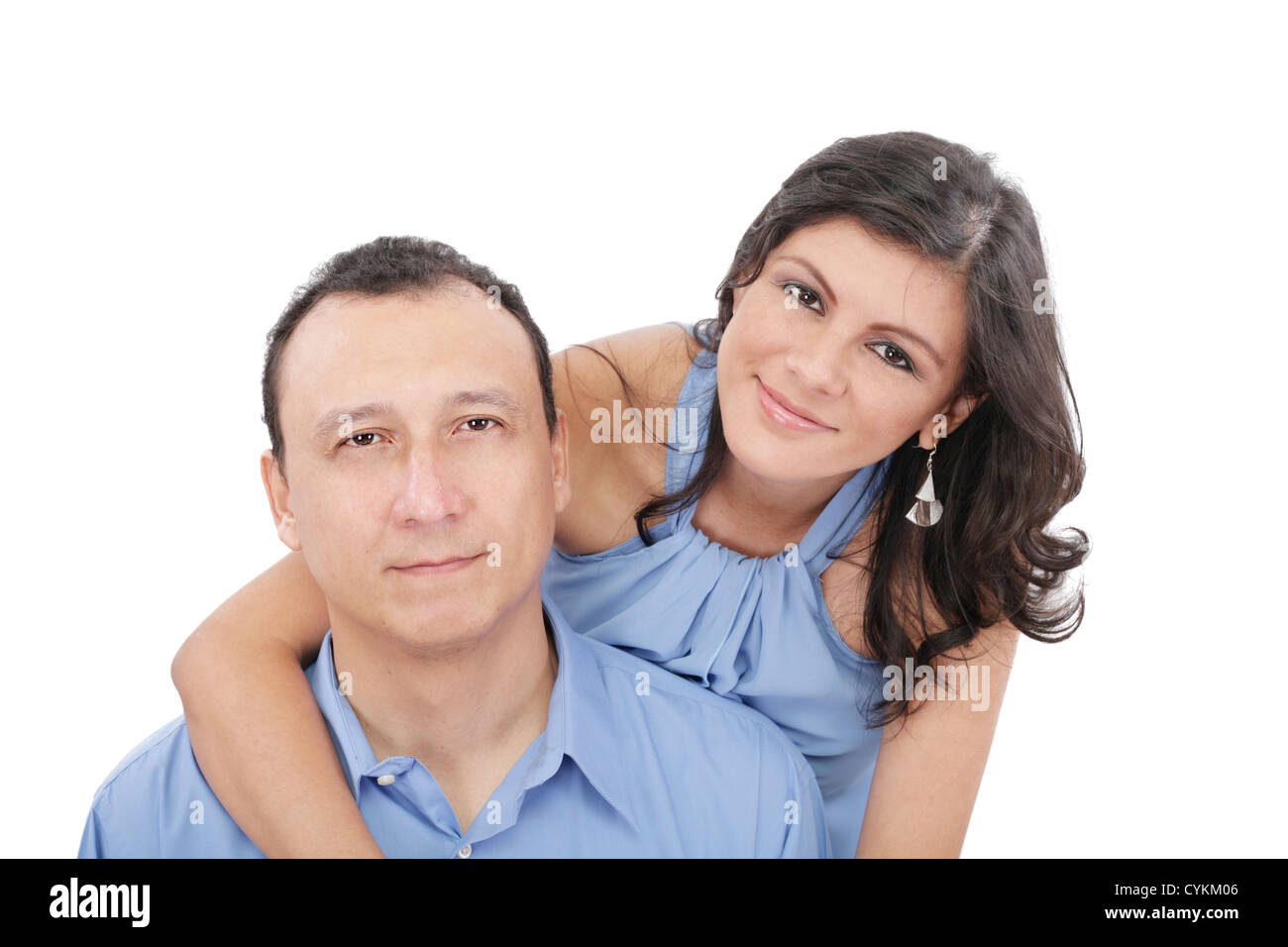 Portrait of loving couple hugging man from behind Stock Photo - Alamy
