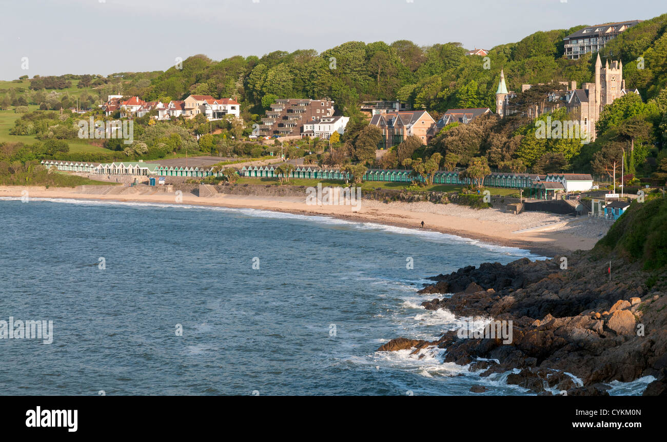 Wales, Gower Peninsula, view of Langland Bay from coastal footpath ...