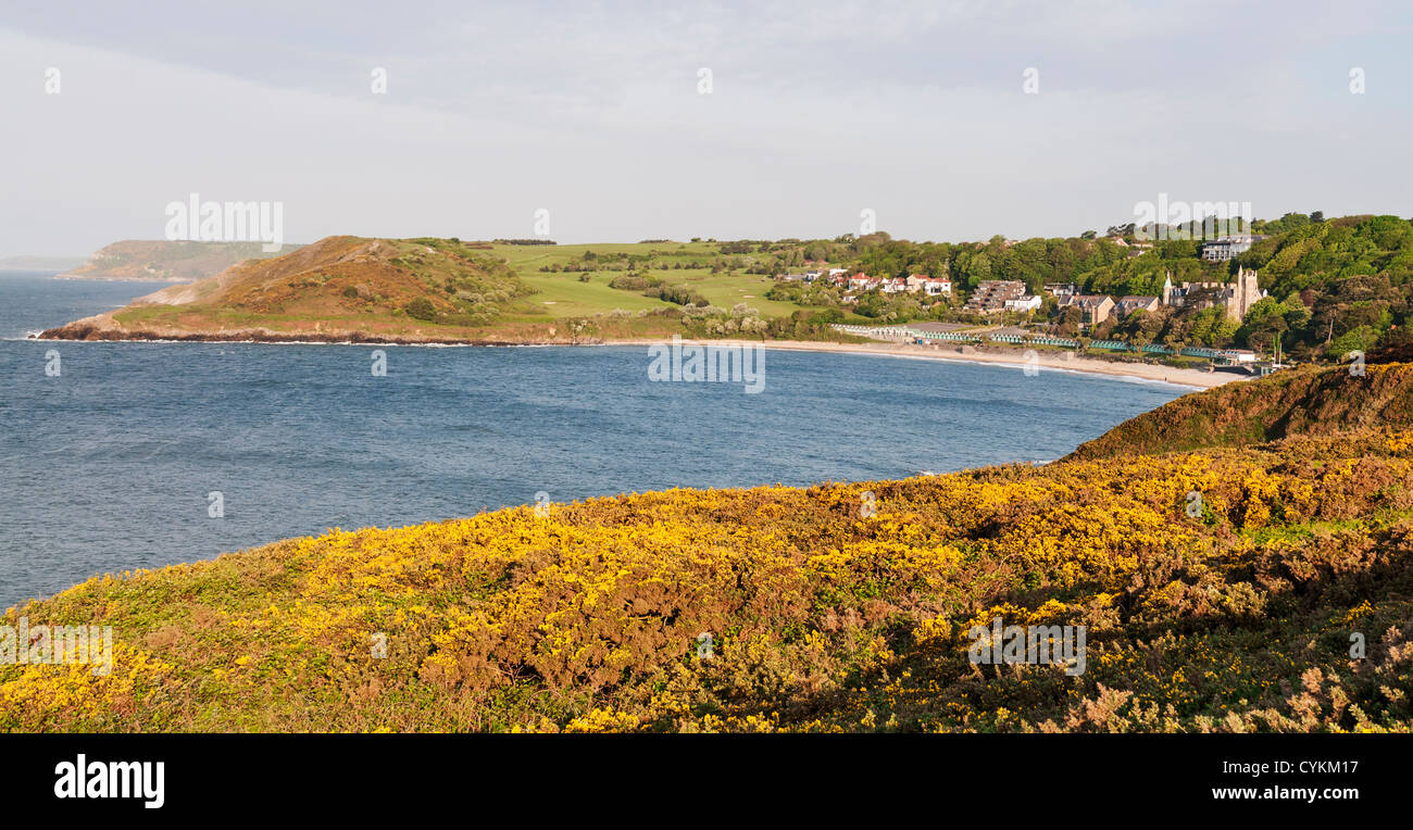 Wales, Gower Peninsula, view of Langland Bay from coastal footpath ...