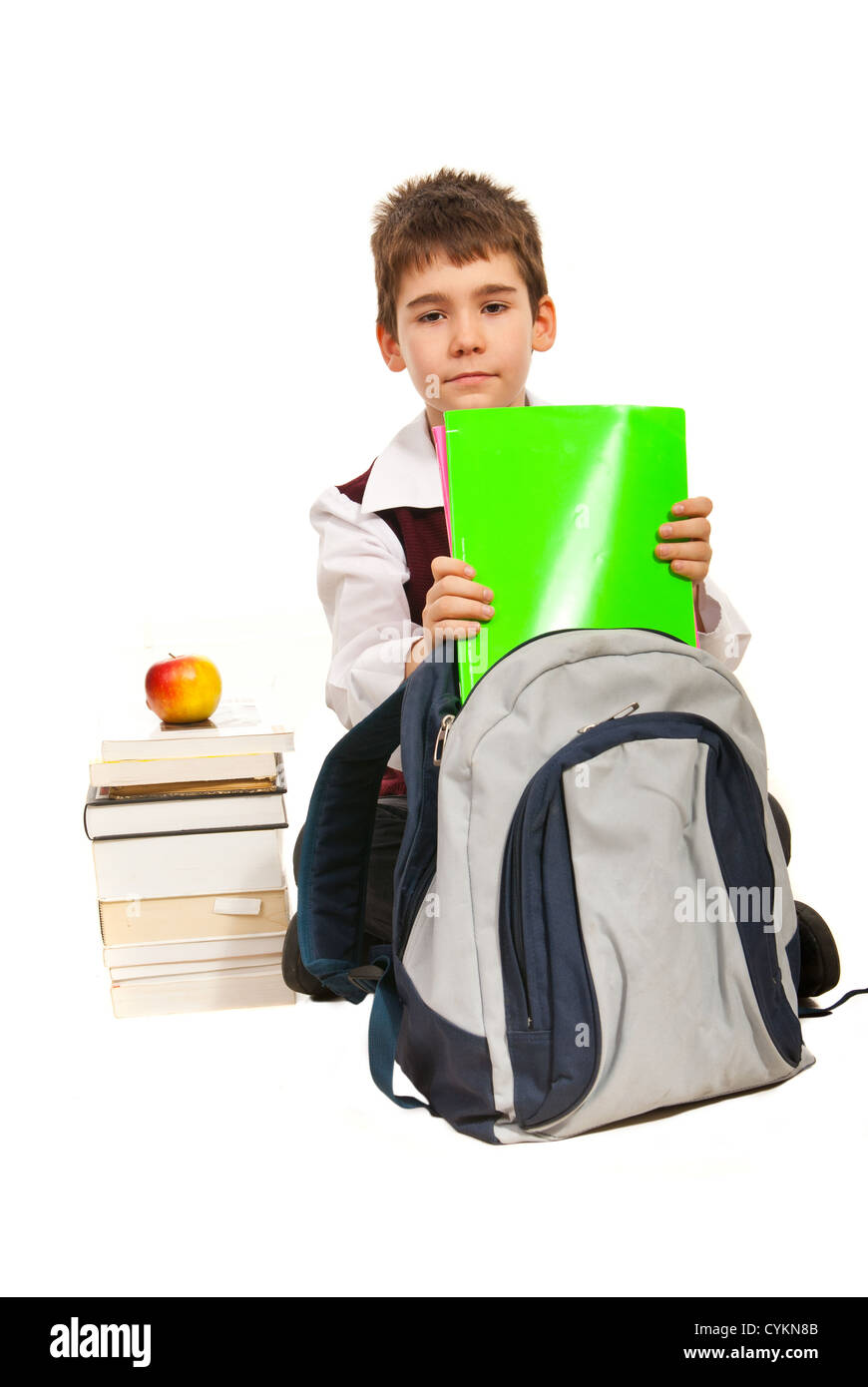 Student boy prepare to make homework isolated on white background Stock ...