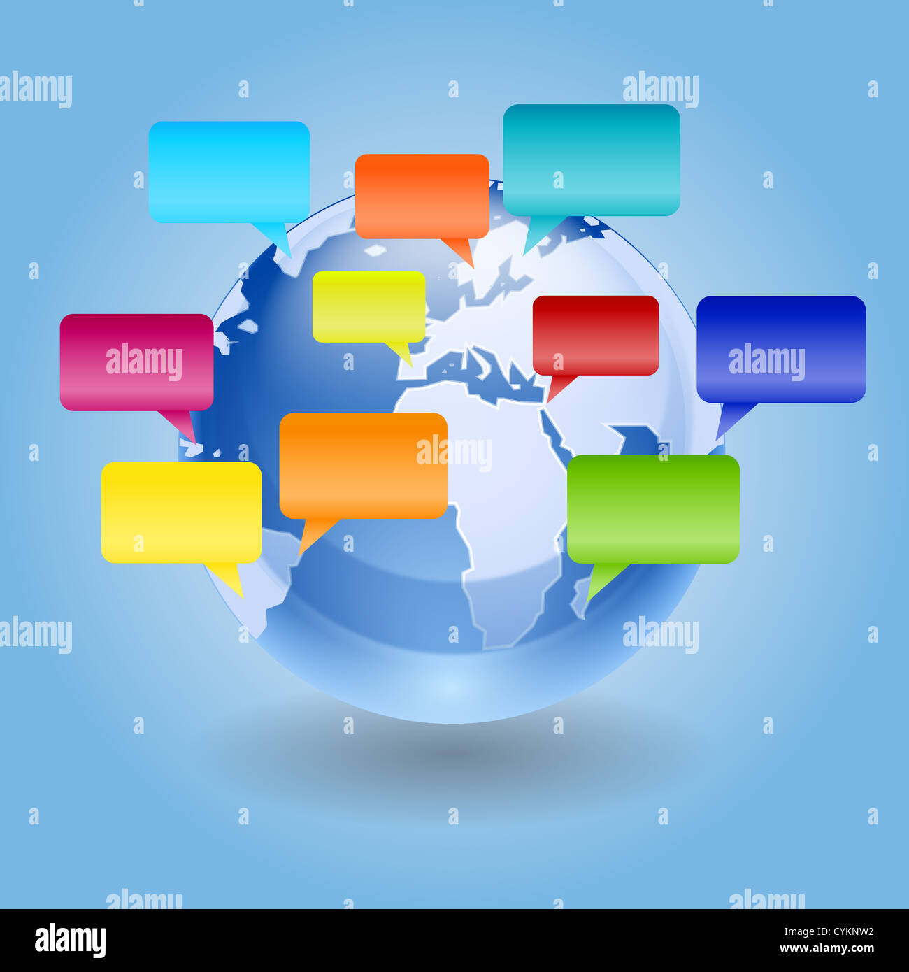 Vector illustration of a world globe with several talk bubbles ...