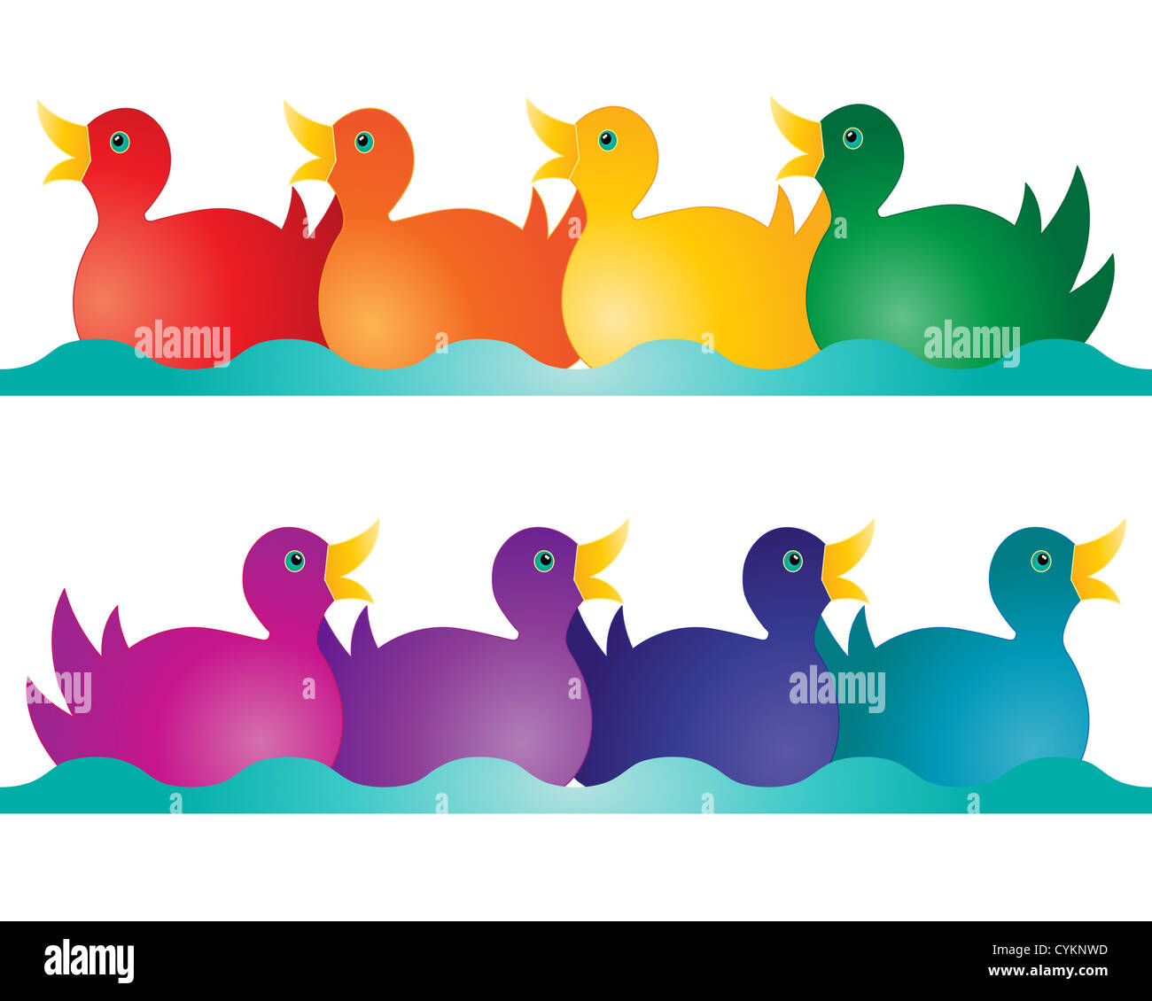 an illustration of two rows of toy ducks in rainbow colors on an ...
