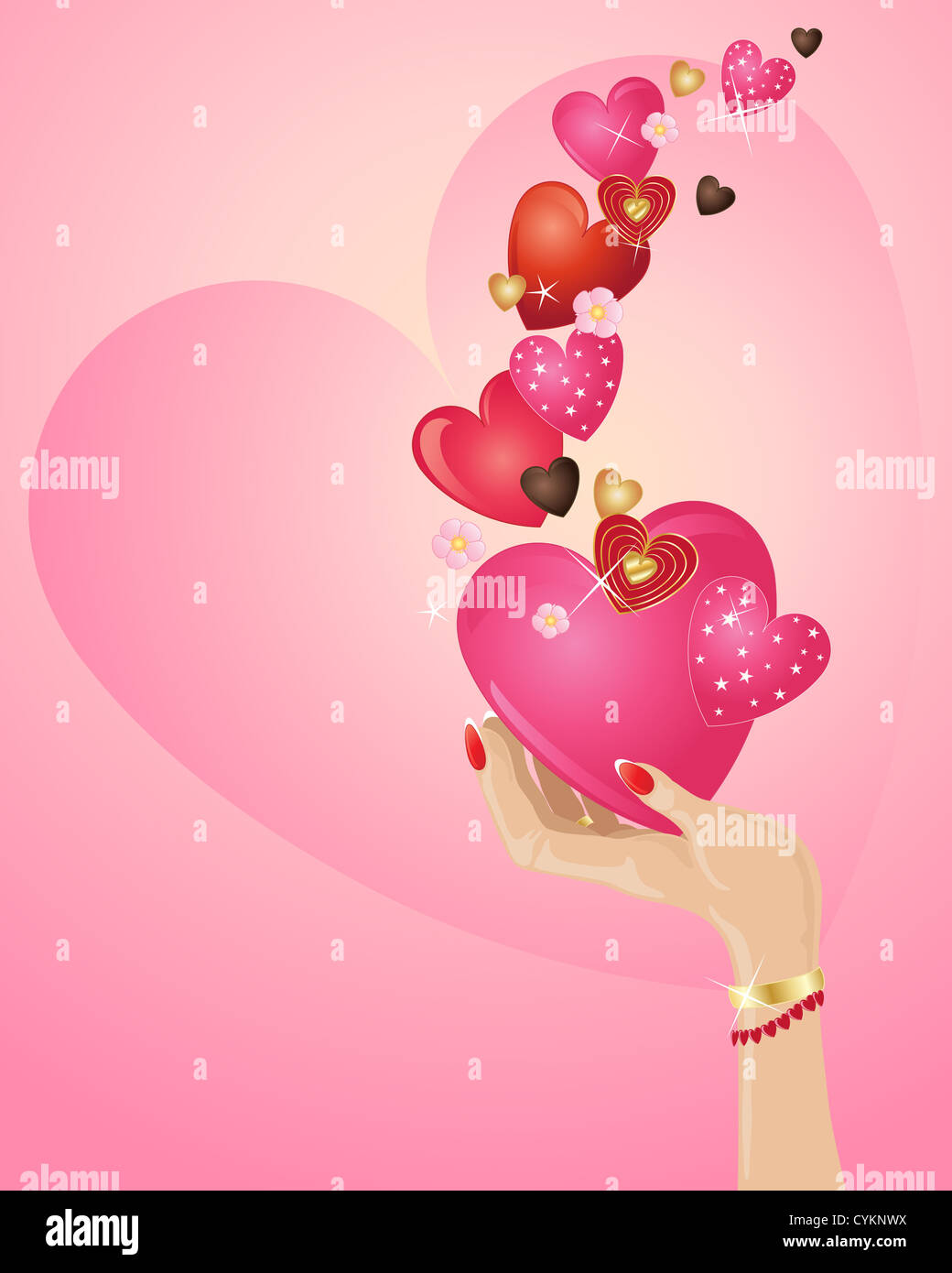 an illustration of an open hand with romantic love hearts in different ...