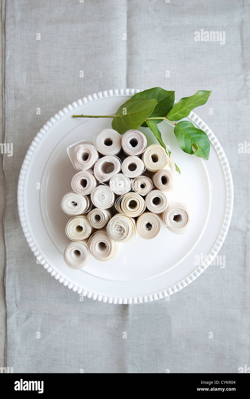 Rolls of fabric and leaf on plate Stock Photo - Alamy