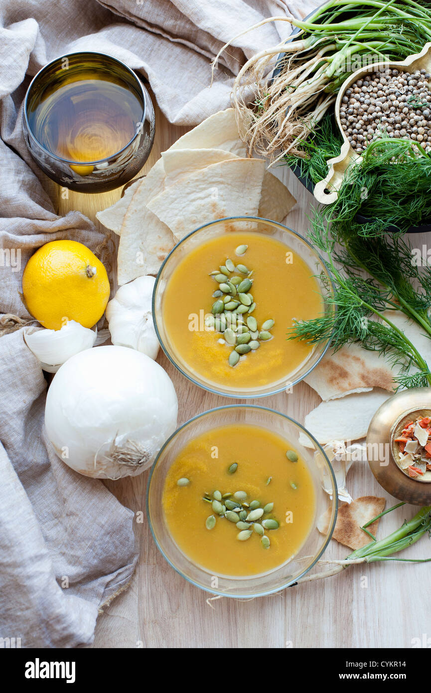 Pumpkin soup seeds onion and lemon Stock Photo - Alamy