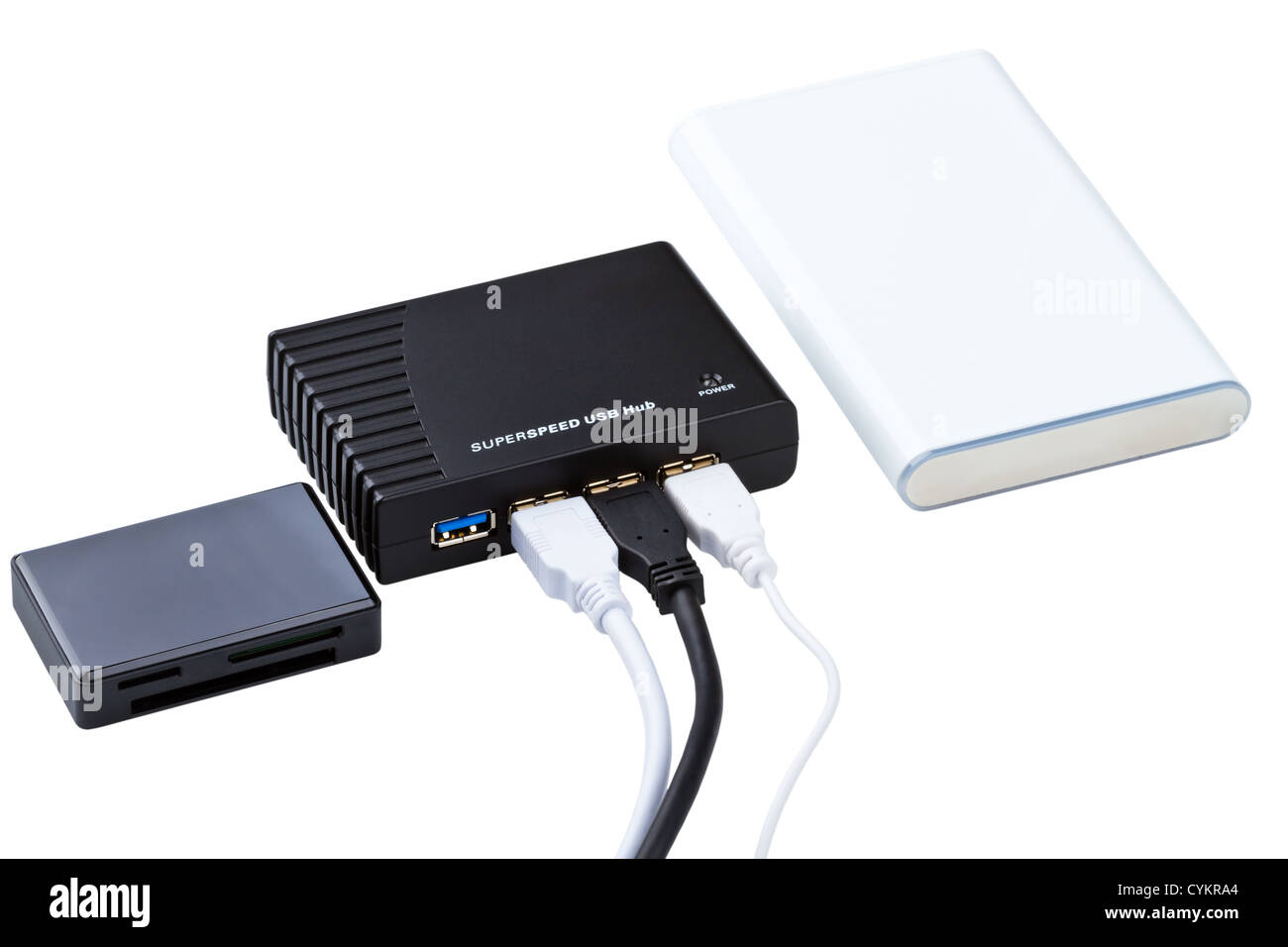 superspeed usb hub, hard disk and card-reader isolated on a white ...