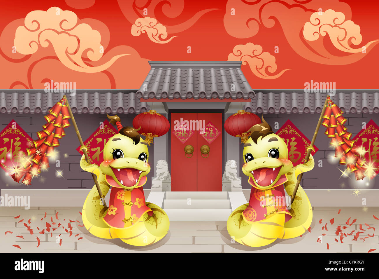 Chinese courtyard and cartoon snake for Chinese year of snake Stock ...