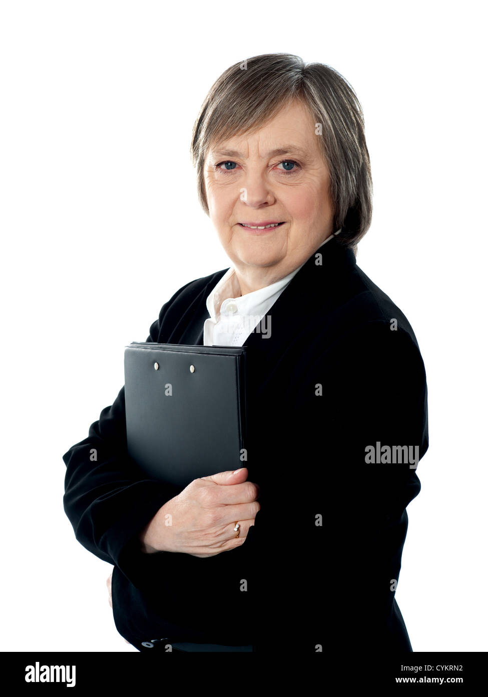 Business woman holding important documents isolated against white ...