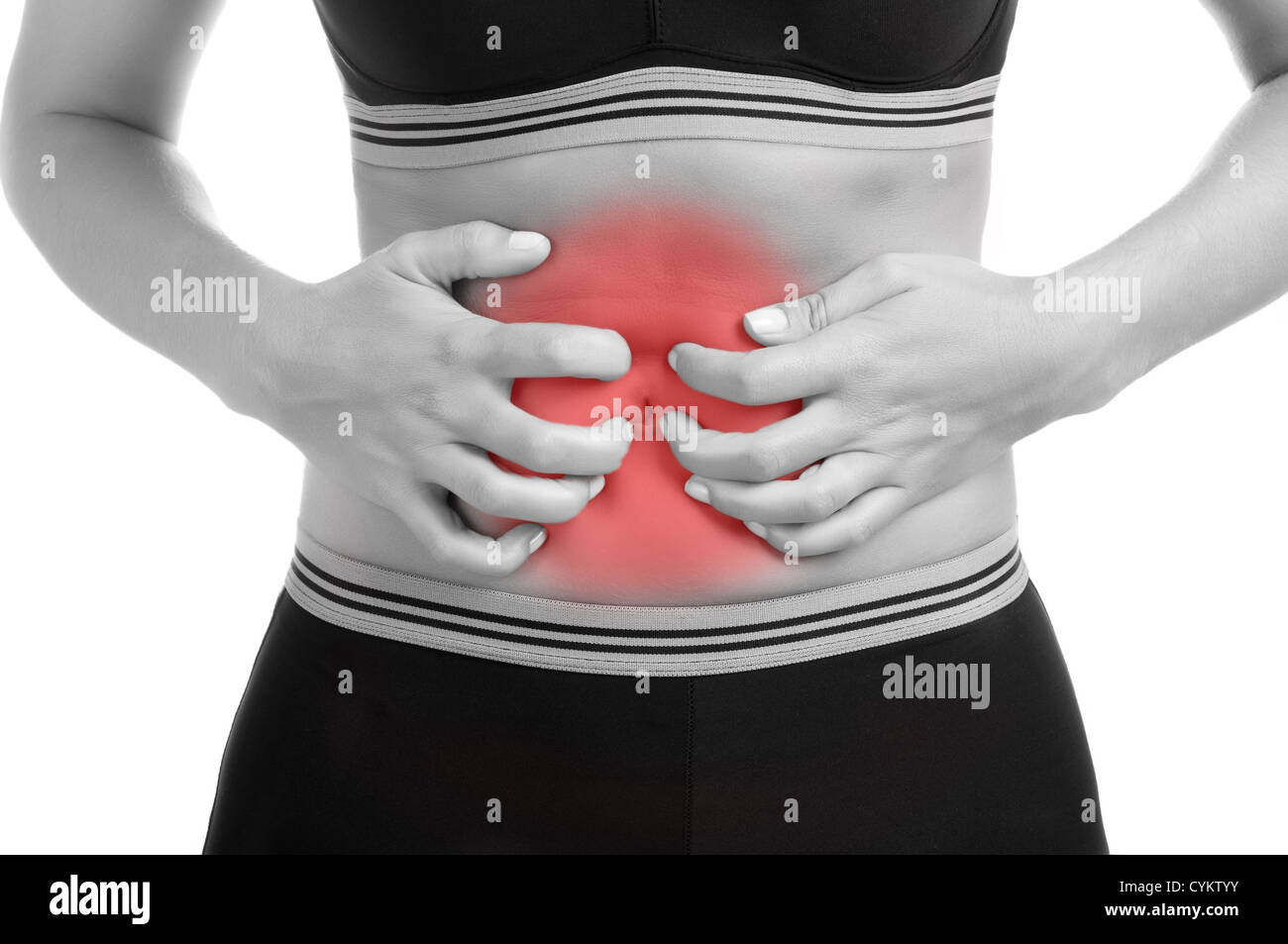 Woman suffering from stomach pain. Black and White with a red spot ...