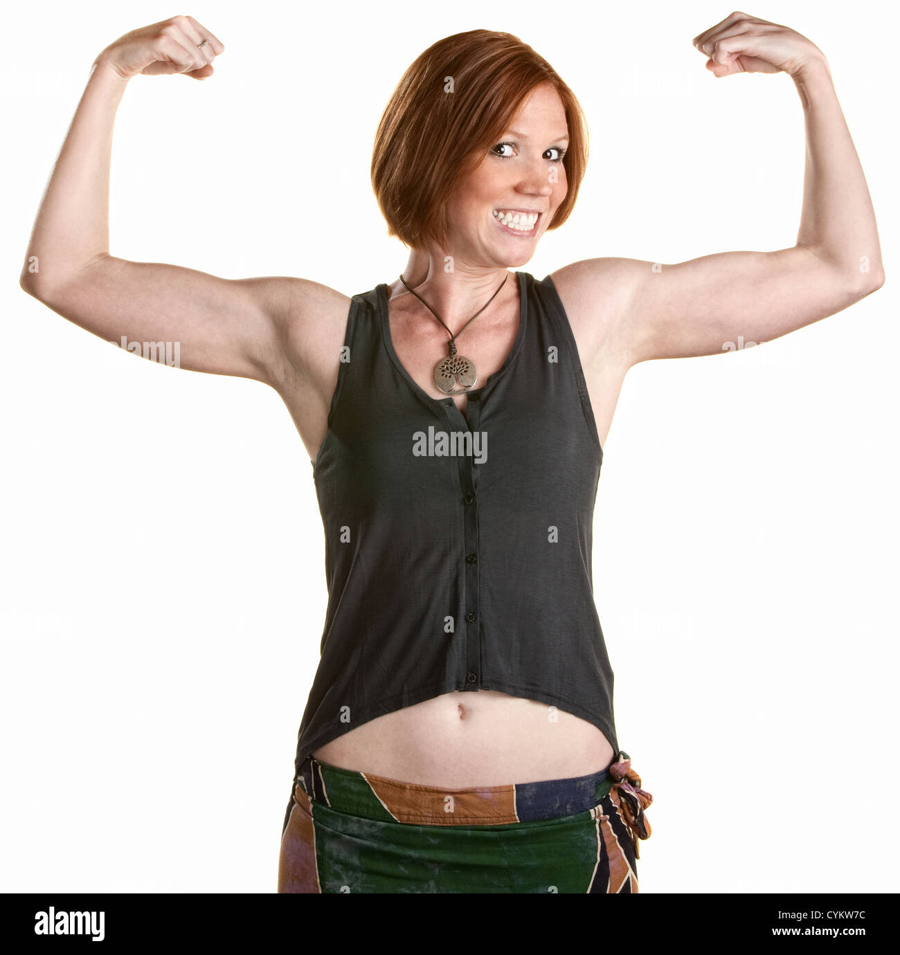 Happy woman with smile and flexing bicep muscles Stock Photo - Alamy