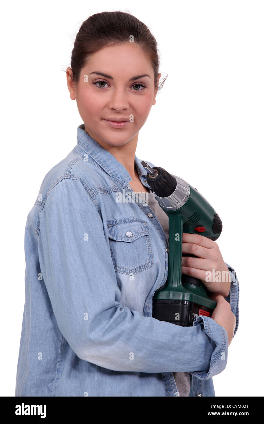 Woman with drill Stock Photo - Alamy