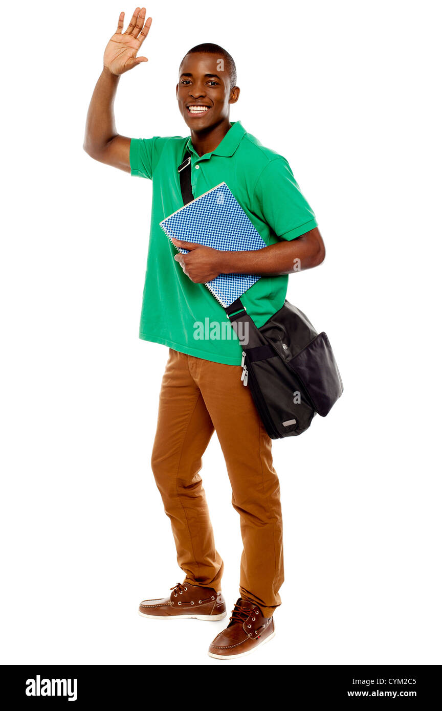 Cheerful student waving his hands. Enjoying himself. all on white ...