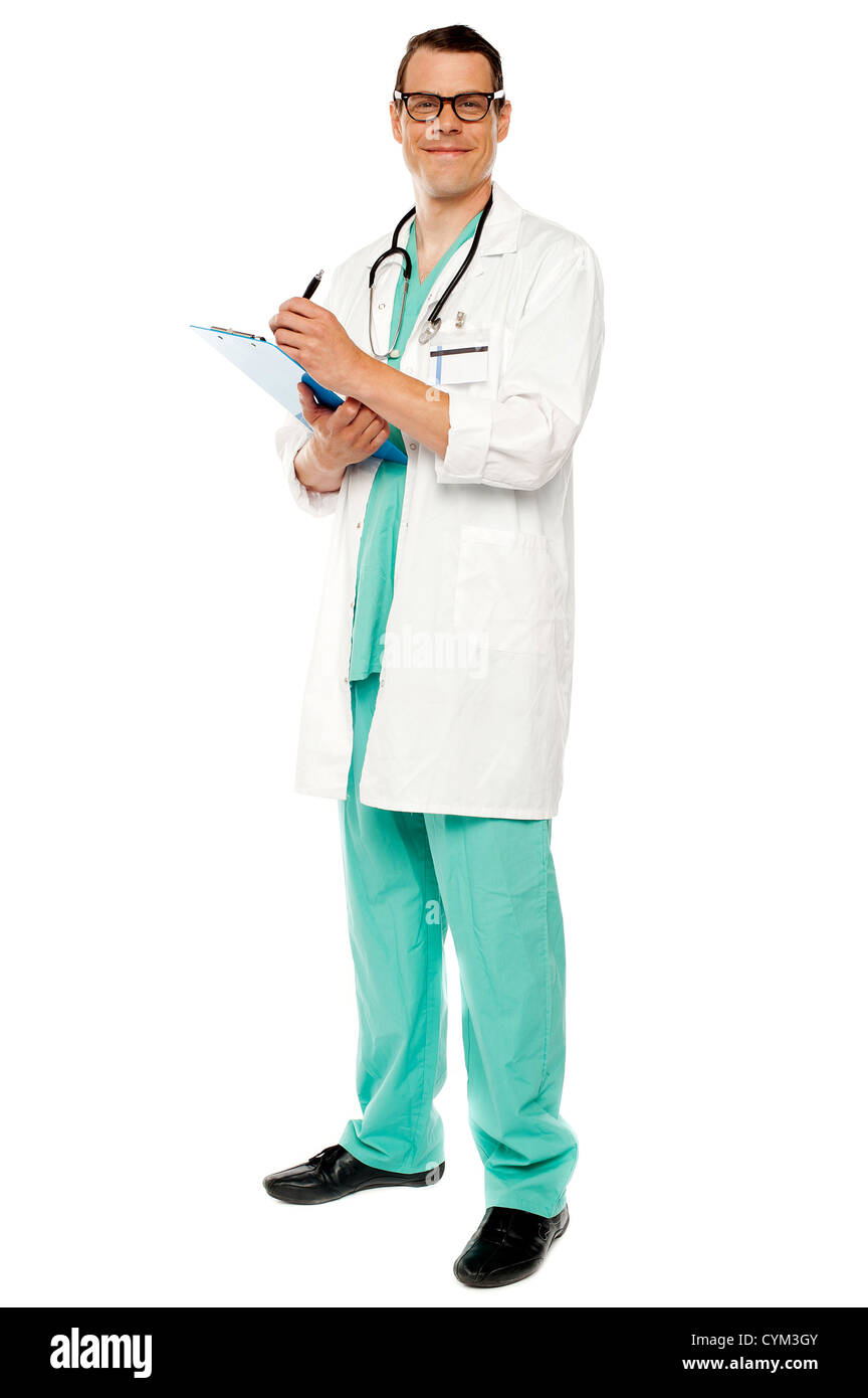 Full length portrait of doctor writing medical prescription isolated on ...