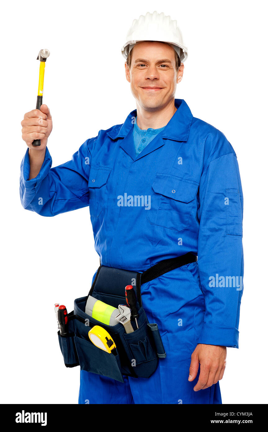 Male architect team guy holding hammer with tool box wrapped around his ...