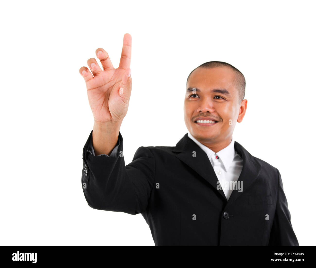 30s southeast Asian business man pointing on transparent virtual screen ...