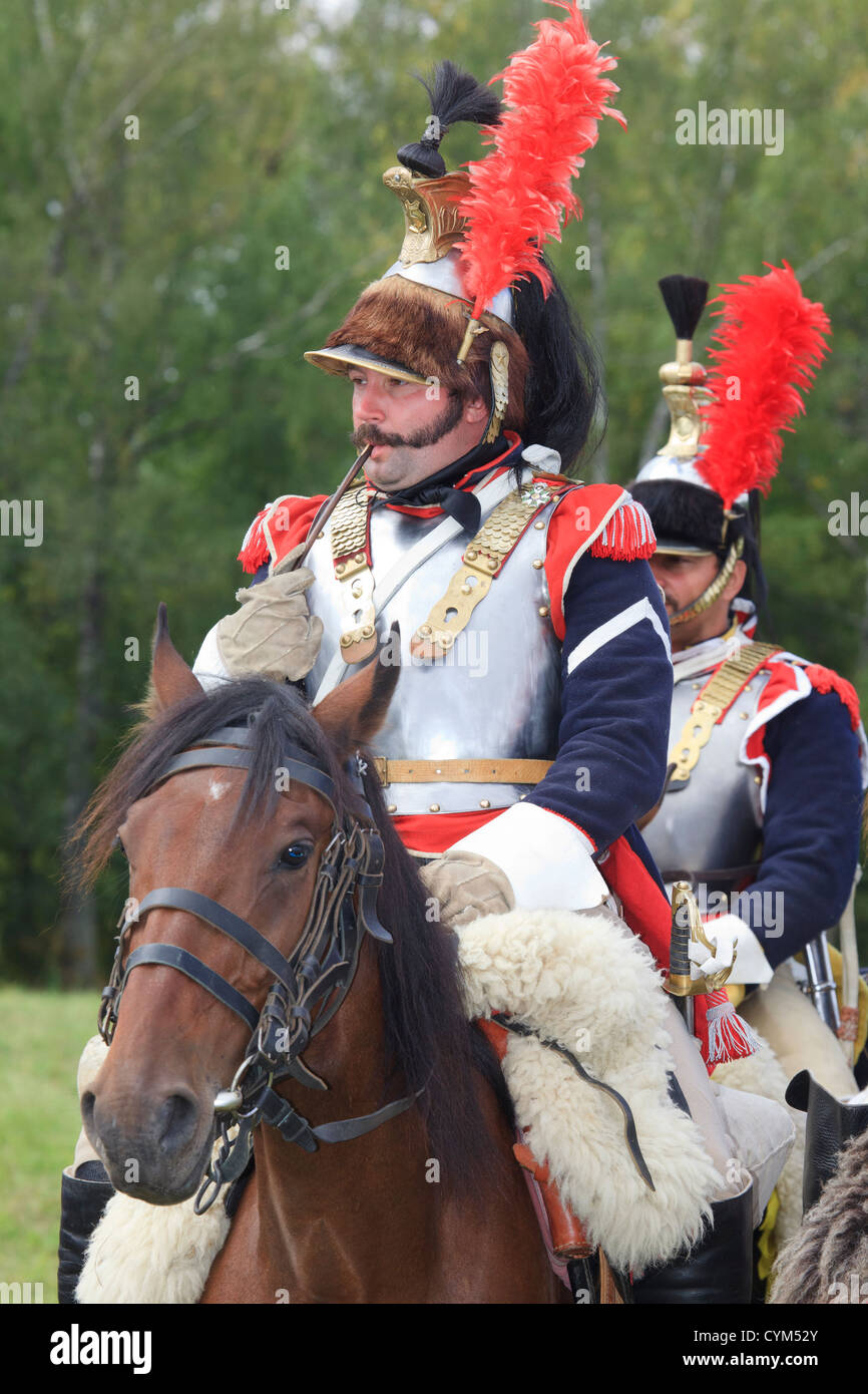French mounted cavalry soldier (Cuirassier) smoking a pipe in Borodino ...