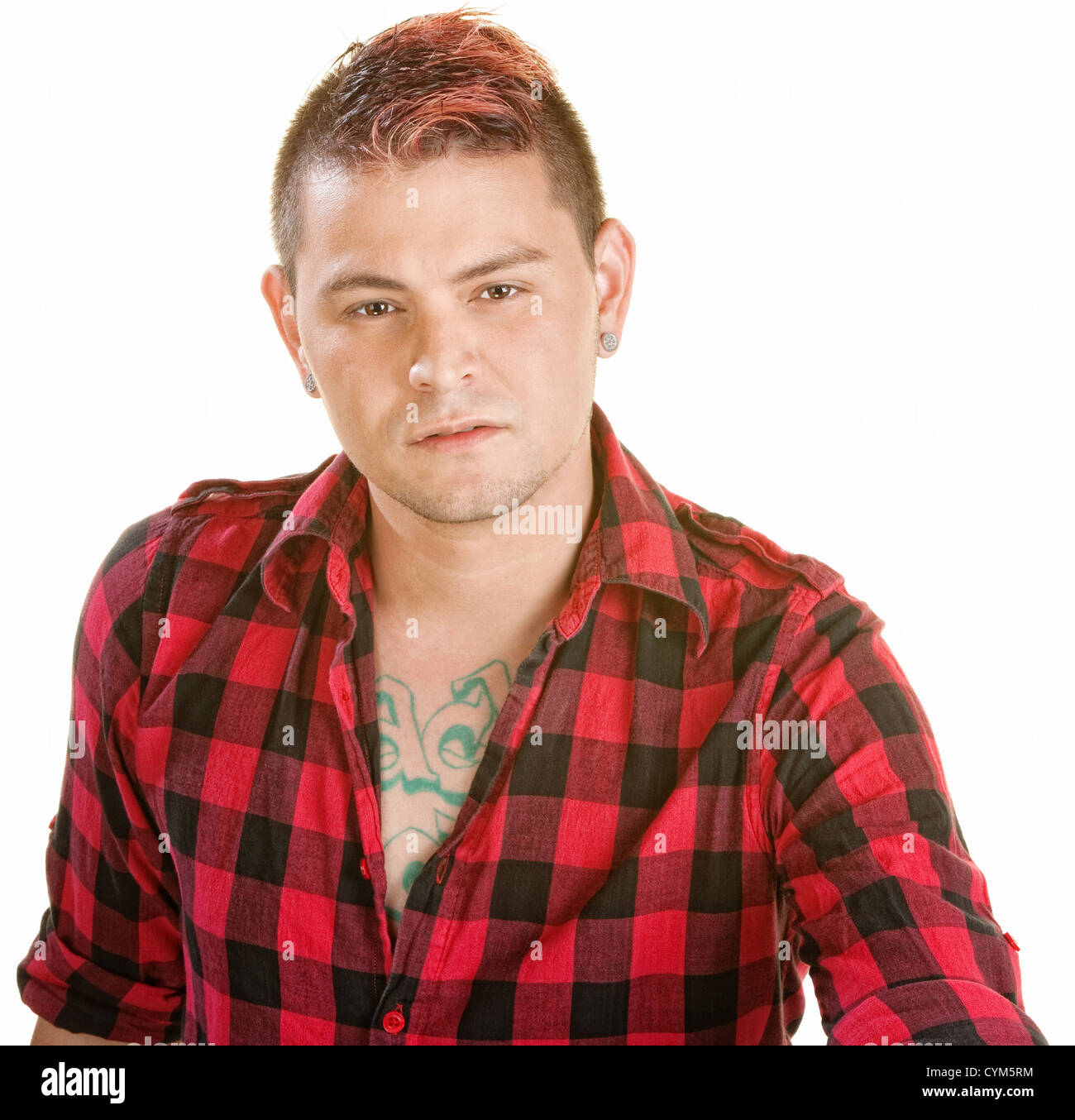 Tough young punk in flannel shirt over white Stock Photo - Alamy