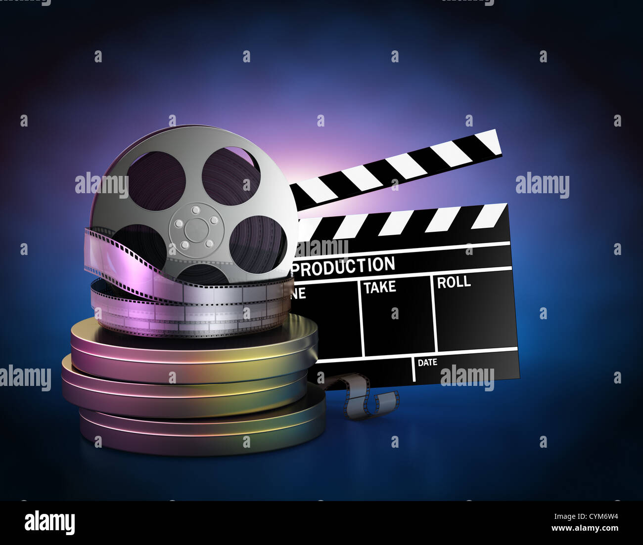 Illustration of movie film reels and cinema clapper Stock Photo - Alamy