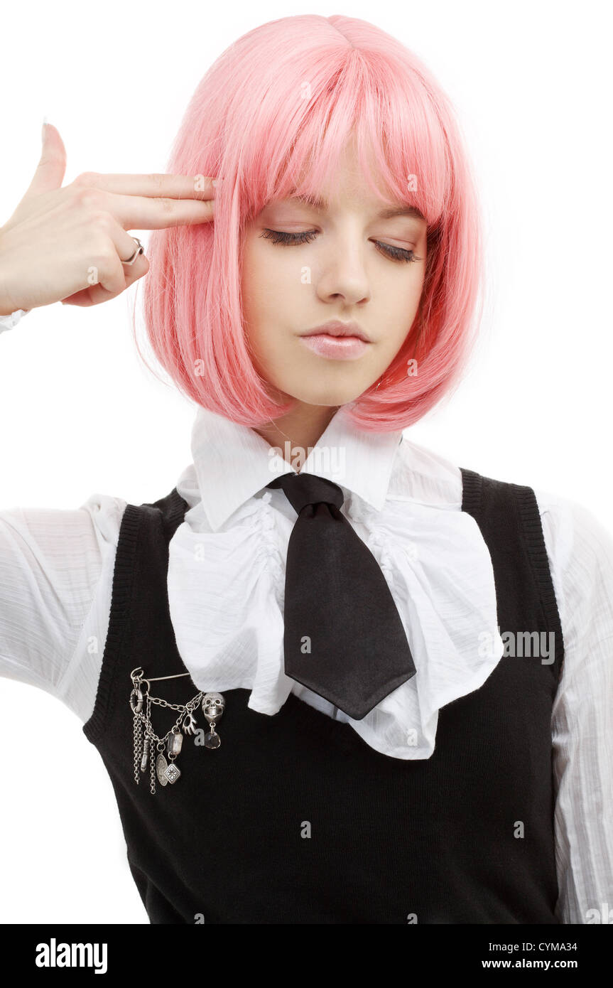 emo girl pointing imaginary gun at her head Stock Photo - Alamy