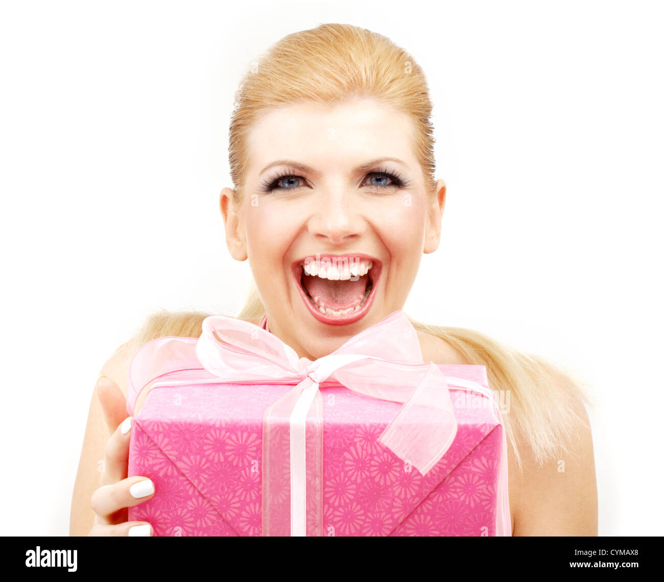 lucky blond with big pink gift box over white Stock Photo - Alamy