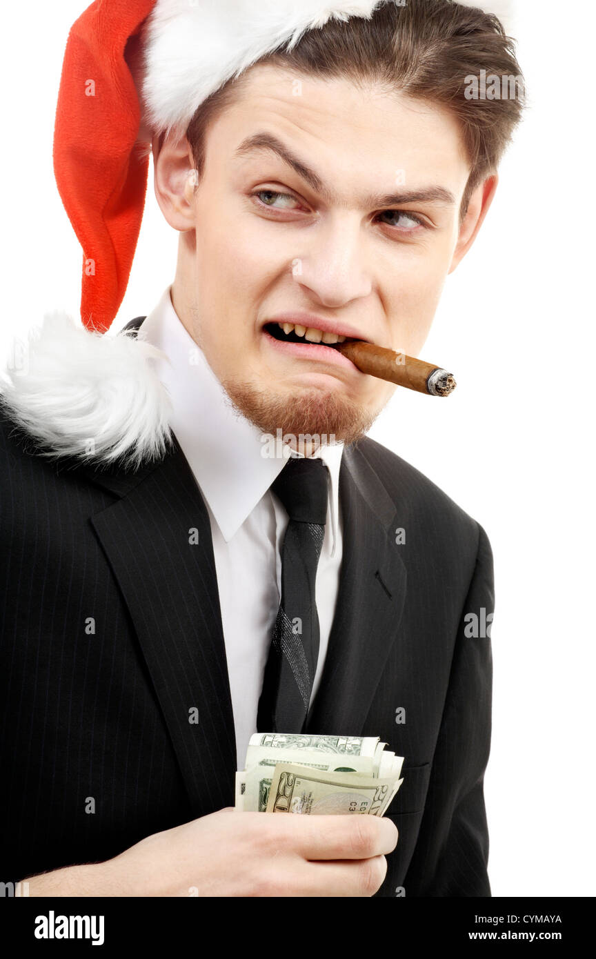 portrait of corporate suit man playing bad santa Stock Photo - Alamy