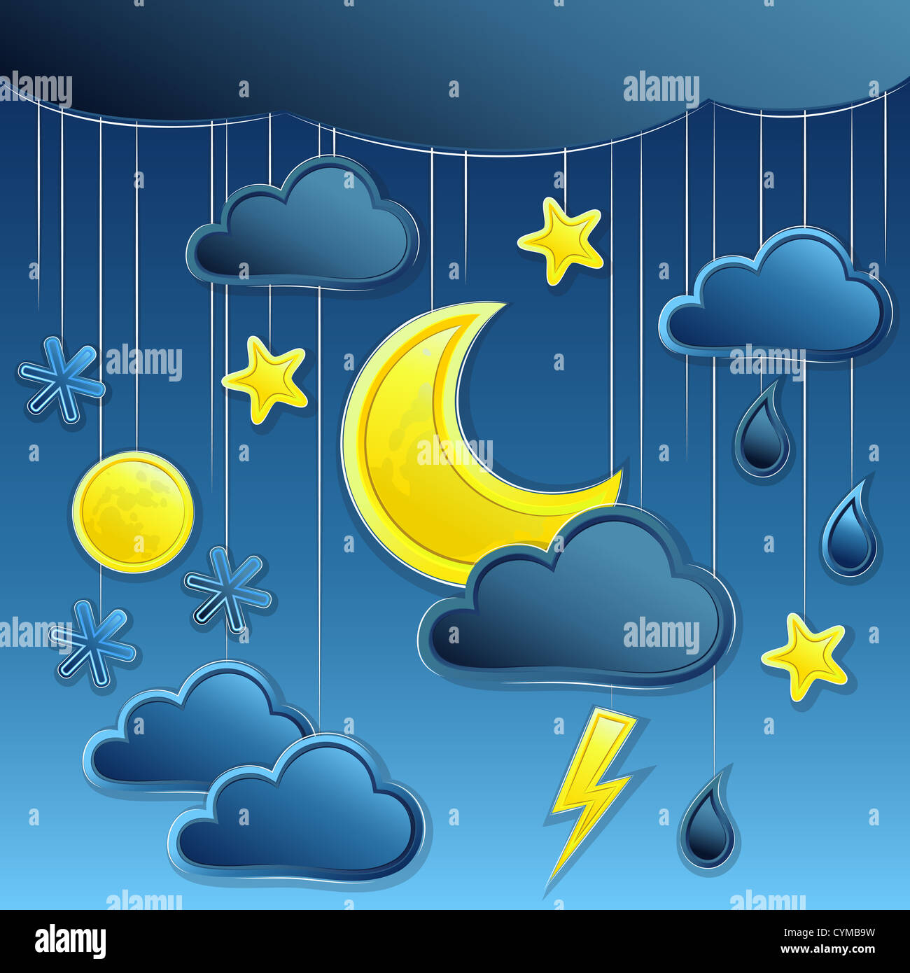 vector background of night weather: moon and star, storm clouds, rain ...