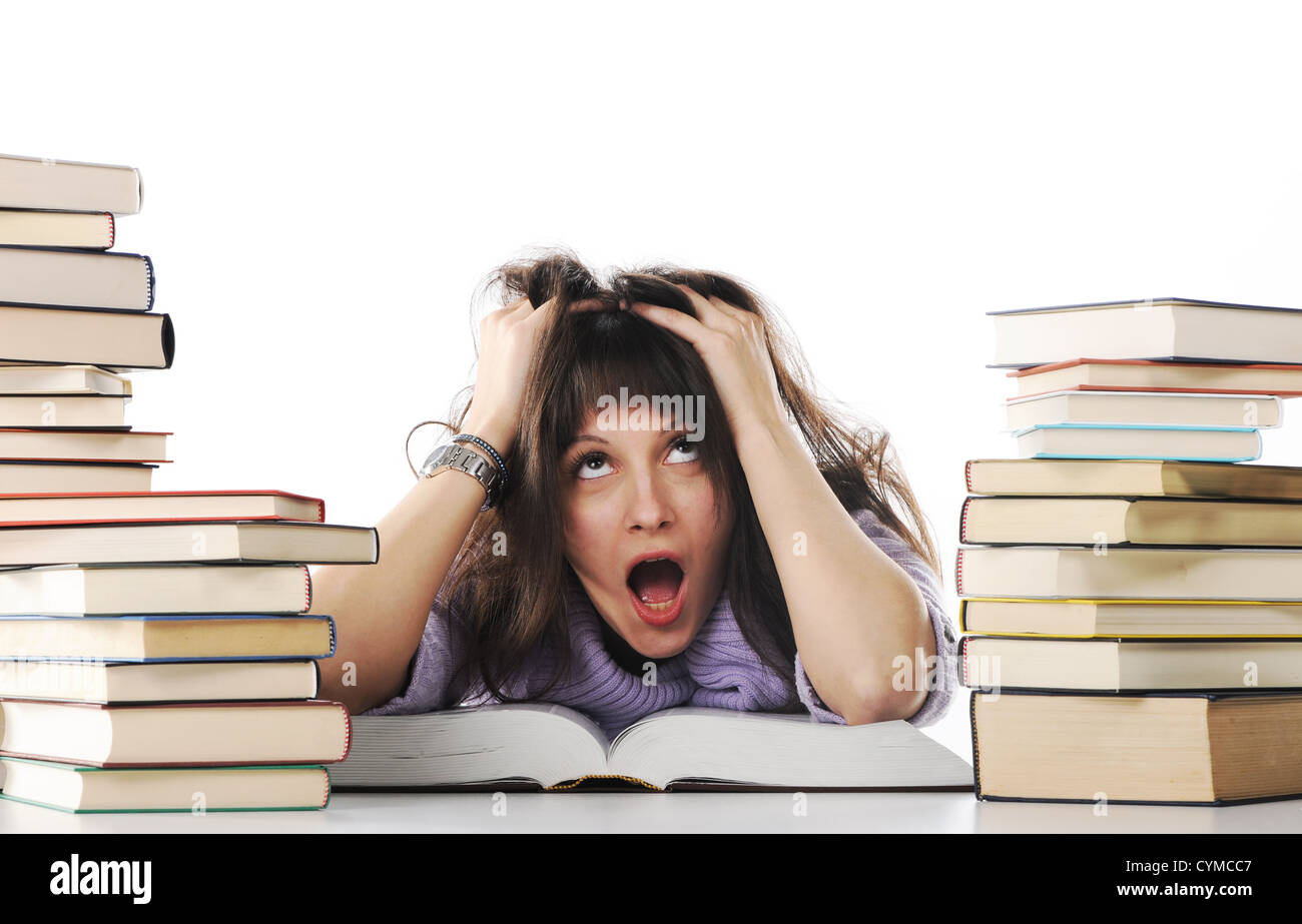 Stressed out girl with a big stack of books, similar pictures on my ...