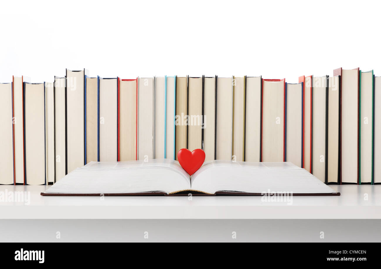 love books, open book with heart, pile of book on background Stock ...