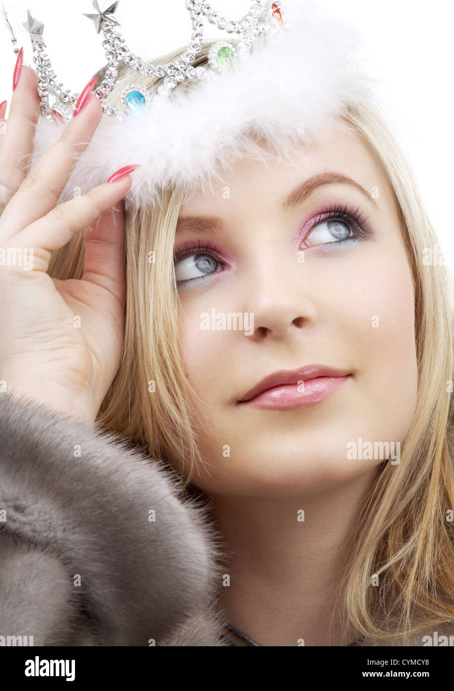 closeup portrait of lovely blond in fur and crown Stock Photo - Alamy