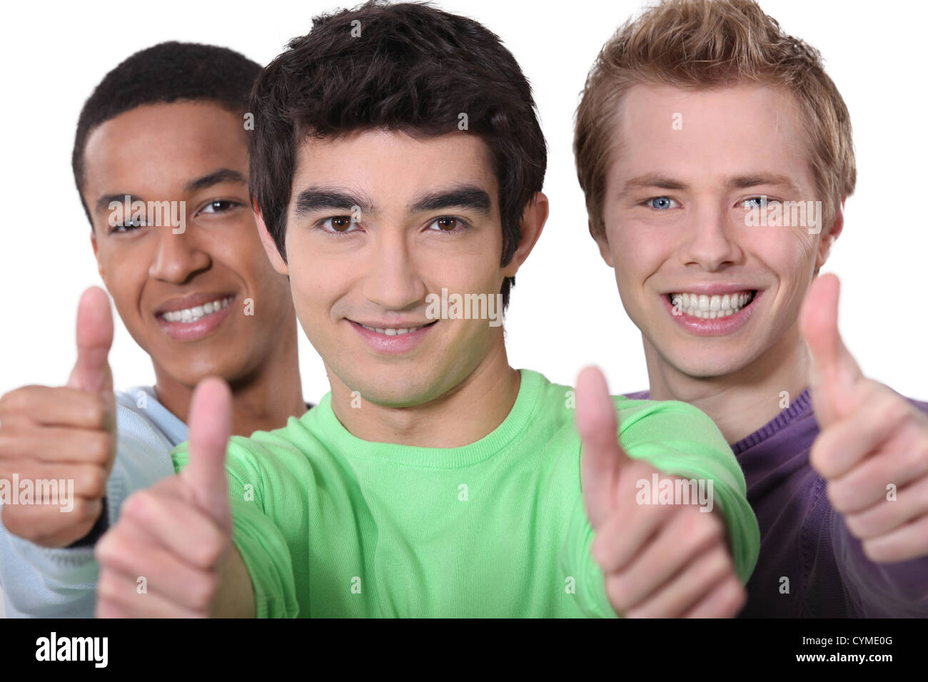 Three men giving thumbs-up sign Stock Photo - Alamy