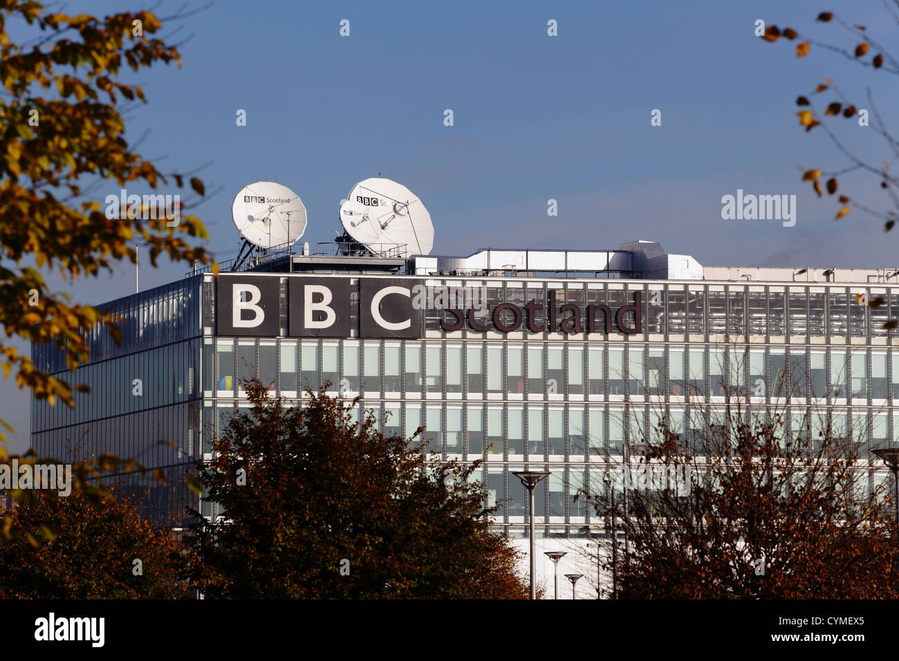 BBC Scotland sign and satellite dishes on the Pacific Quay Headquarters ...