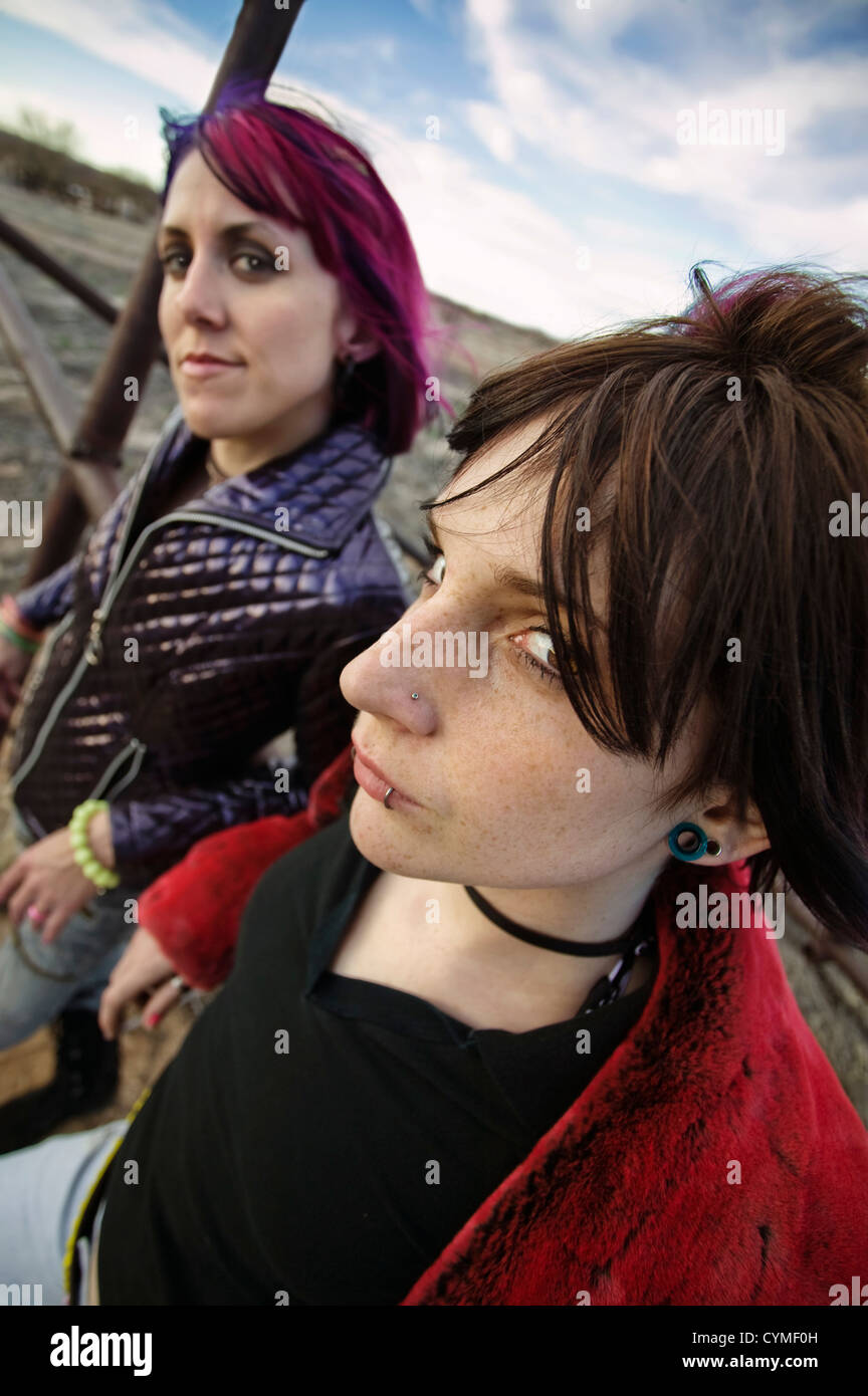 Two punk girls posing in a rural setting Stock Photo - Alamy