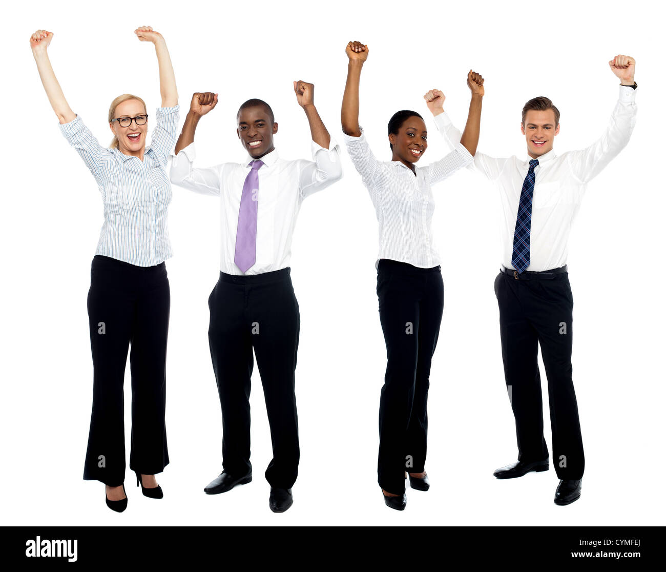 Full length portrait of happy successful business group over white ...