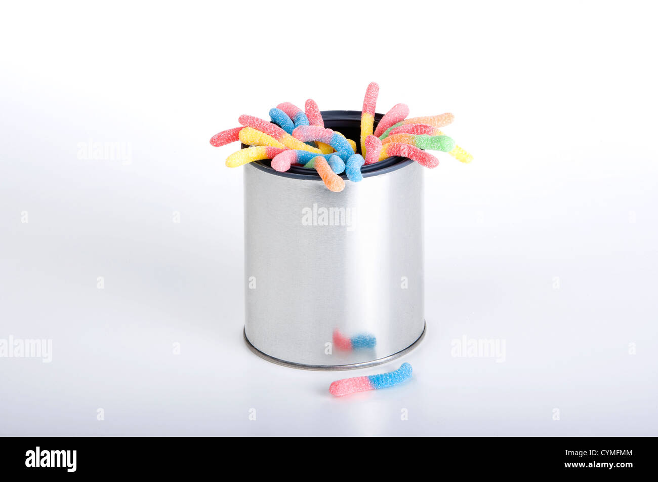 Shiny can of candy worms isolated against a white background Stock ...