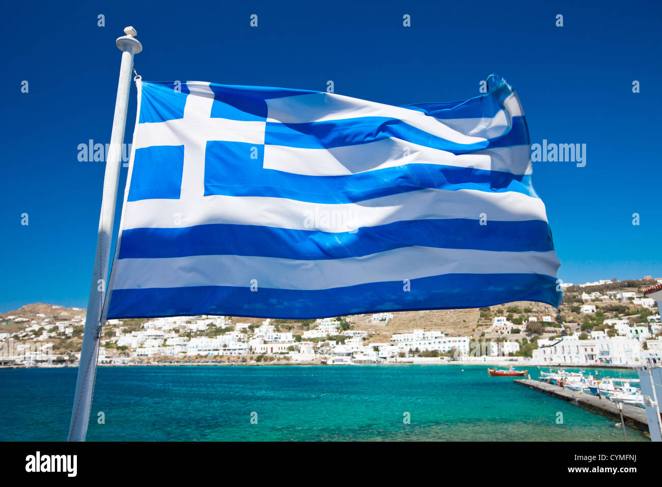 The Greek National flag in Mykonos Stock Photo - Alamy