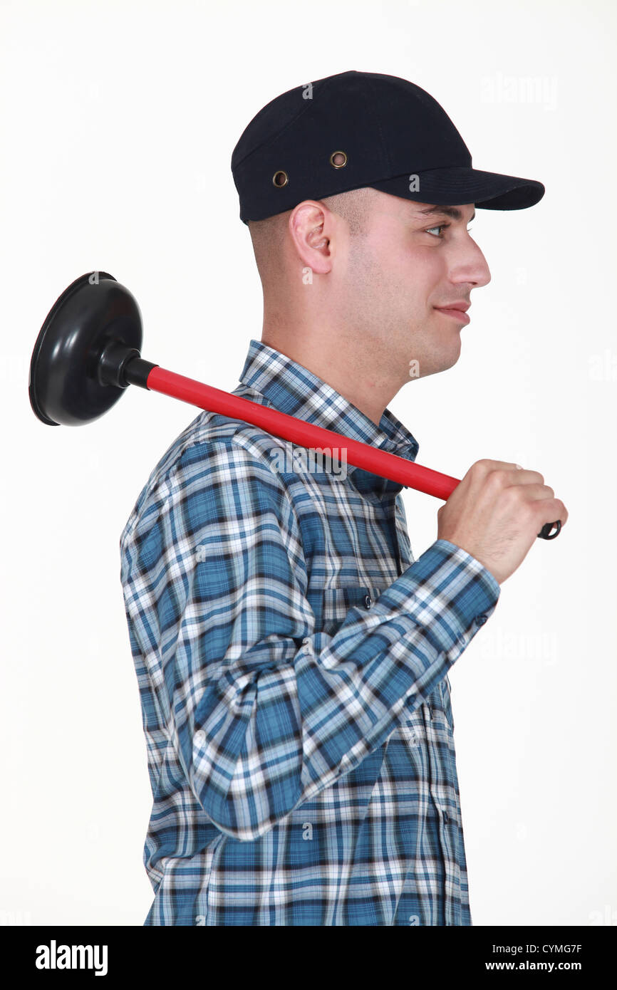 Plumber with a plunger Stock Photo - Alamy