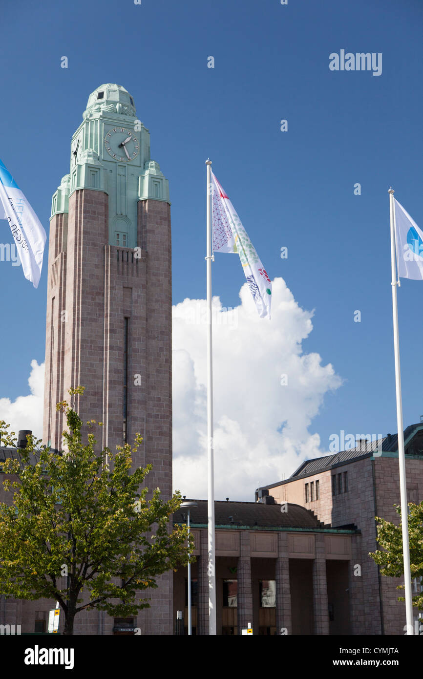 Clock tower and entry of the Helsinki Finland Central Railway Station ...