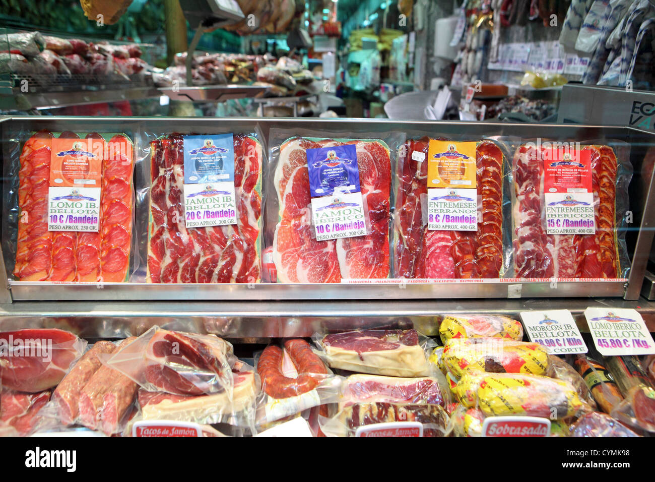 Packs of preserved meat ham sausage salami on sale in Butchers ...