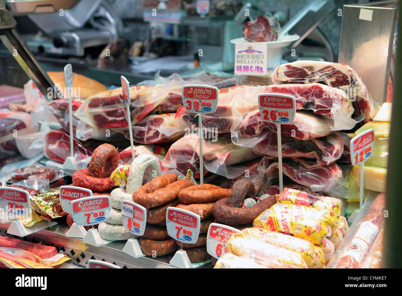 Sausage, ham, bacon, red meat, butchers shop window, Madrid, Spain ...