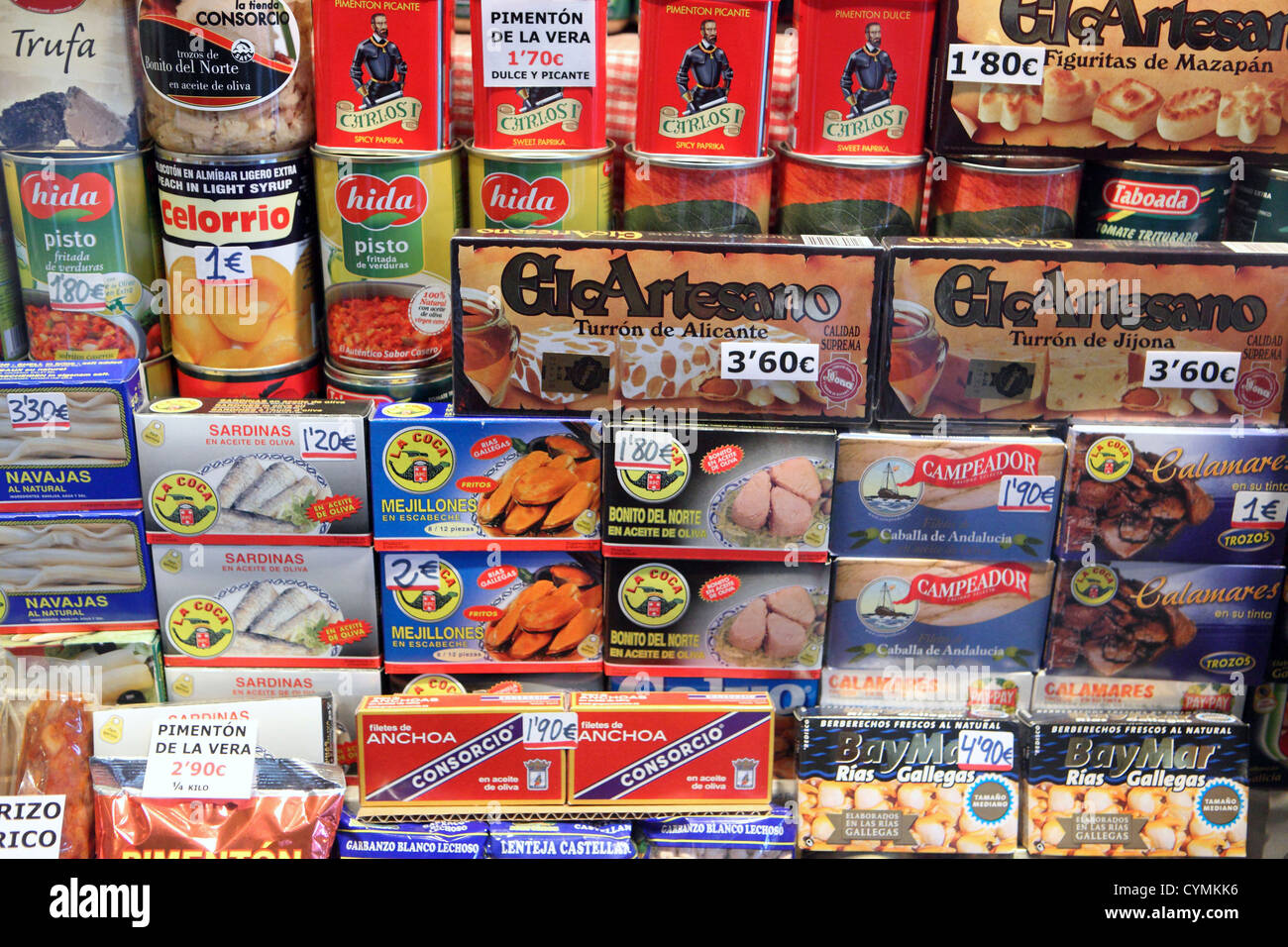 Tinned goods on display in shop window, preserved fish, Madrid, Spain ...