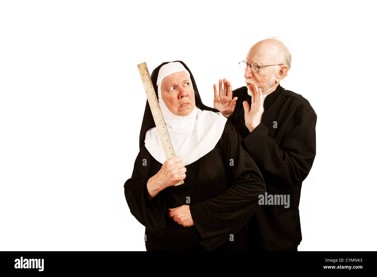 Funny priest admonishes angry nun with ruler as weapon Stock Photo - Alamy