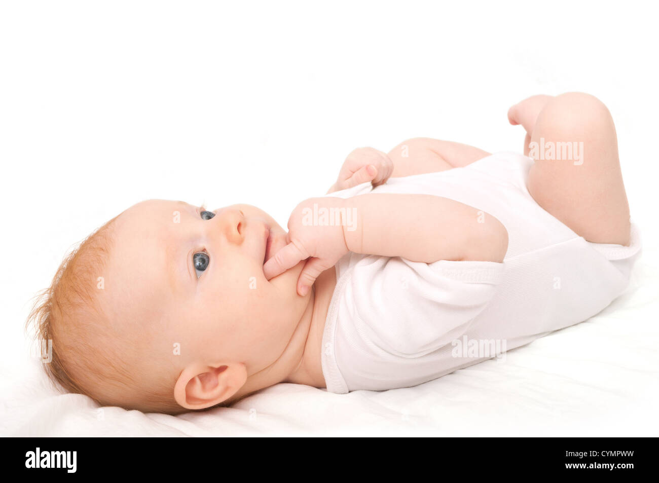 Cute Baby Girl Lying on Back on White Background Stock Photo - Alamy