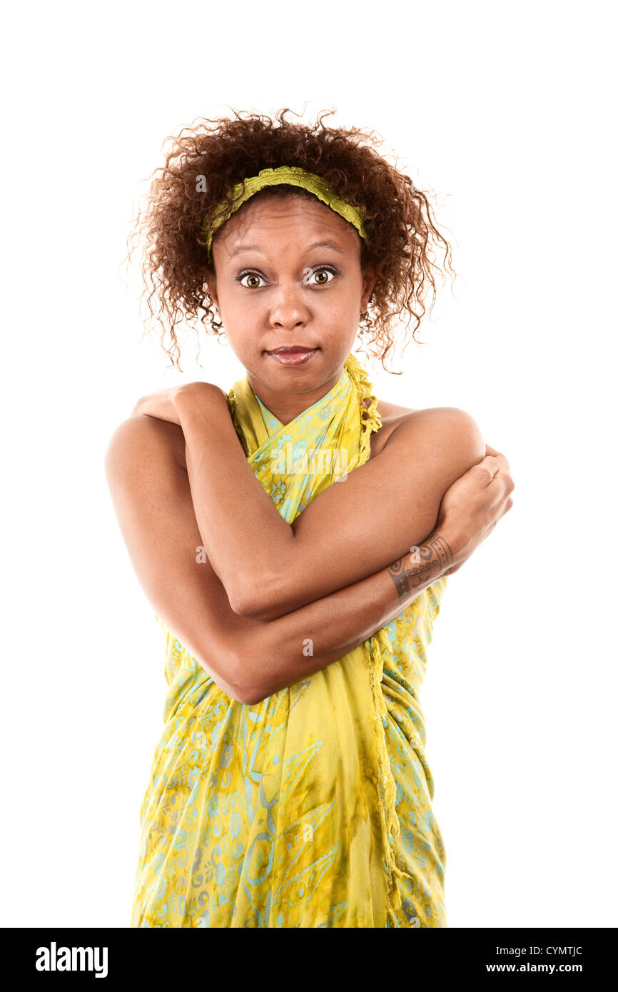 Pretty African-American Woman in Green Wrap Dress on White Background ...