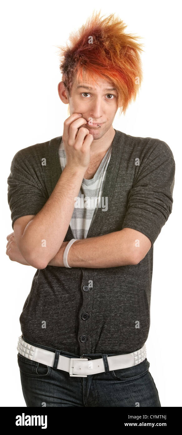 Thinking teenage male with folded arms over white Stock Photo - Alamy