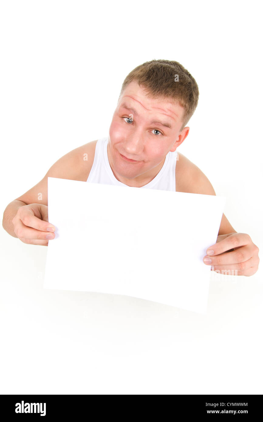 Man holding a clean sheet or paper on isolated background Stock Photo ...