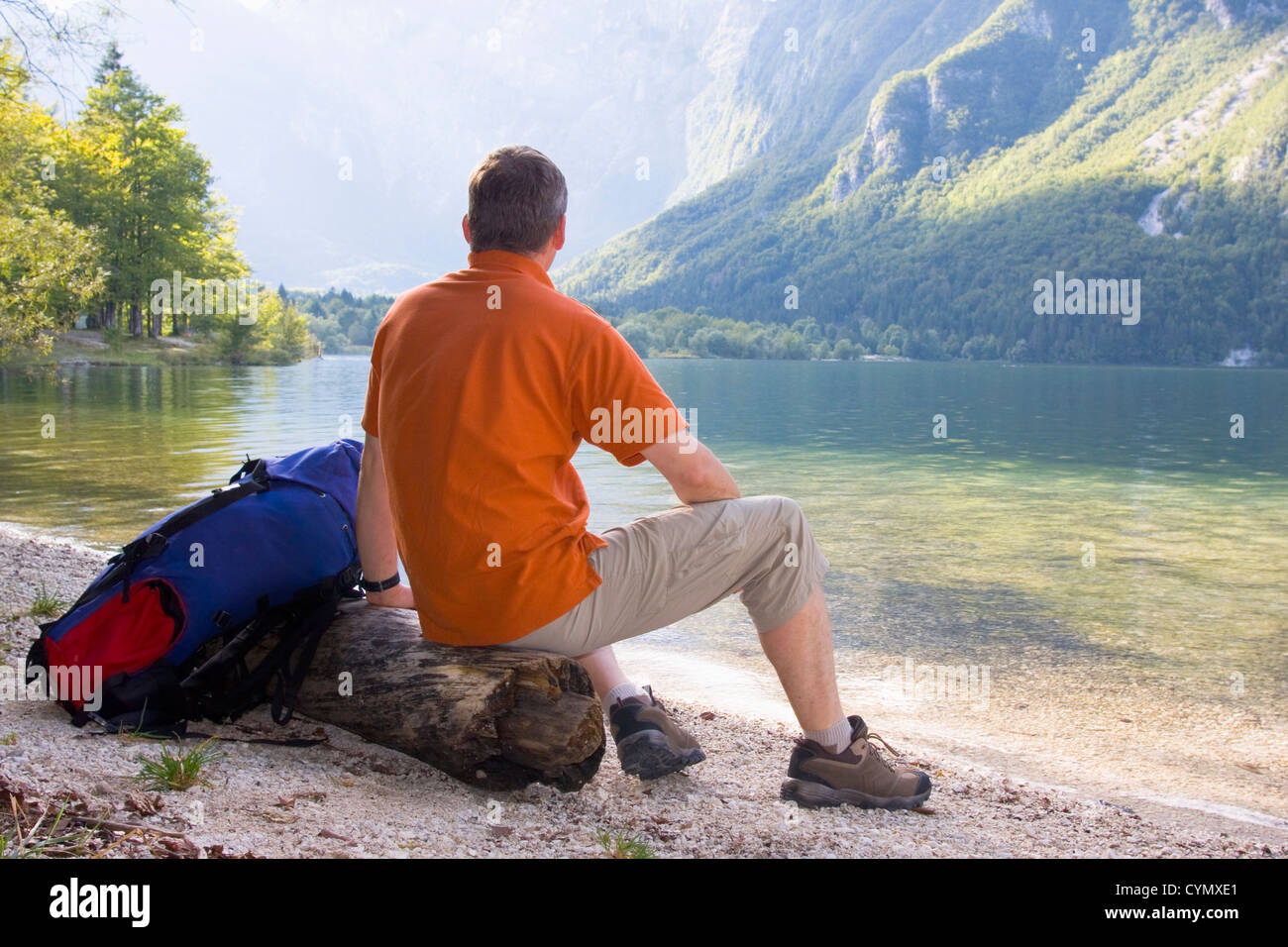 Hiker sitting on a tree trunk at a mountain lake Stock Photo - Alamy