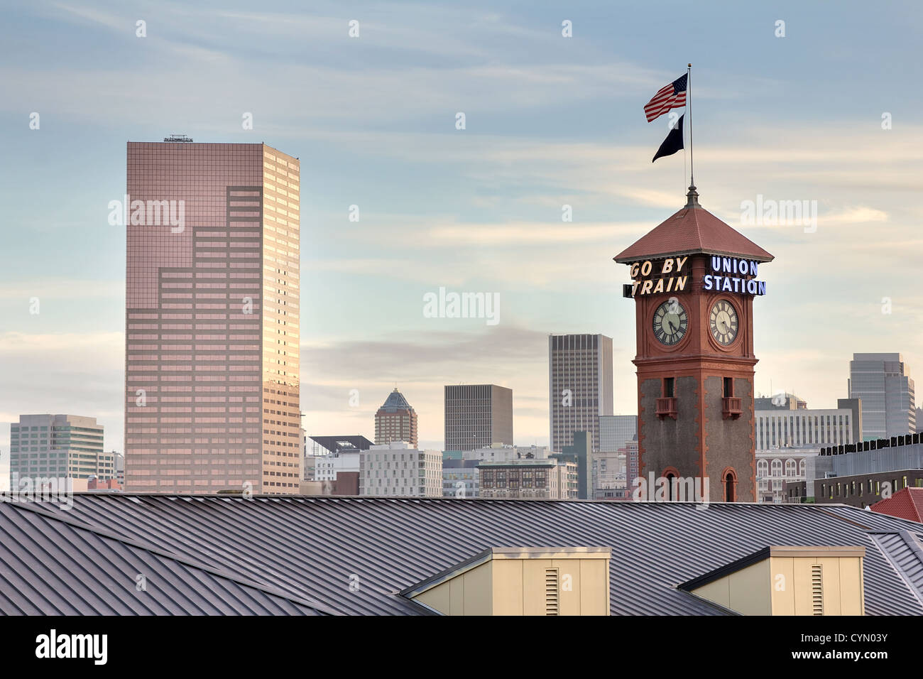 Union Station with Portland Oregon Downtown City Skyline Stock Photo ...