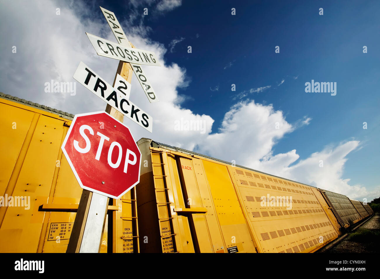 Train stopped at a crossing with a dramatic sky Stock Photo - Alamy