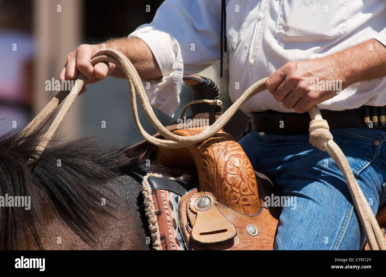 Close up on hands of a cowboy on horseback Stock Photo - Alamy